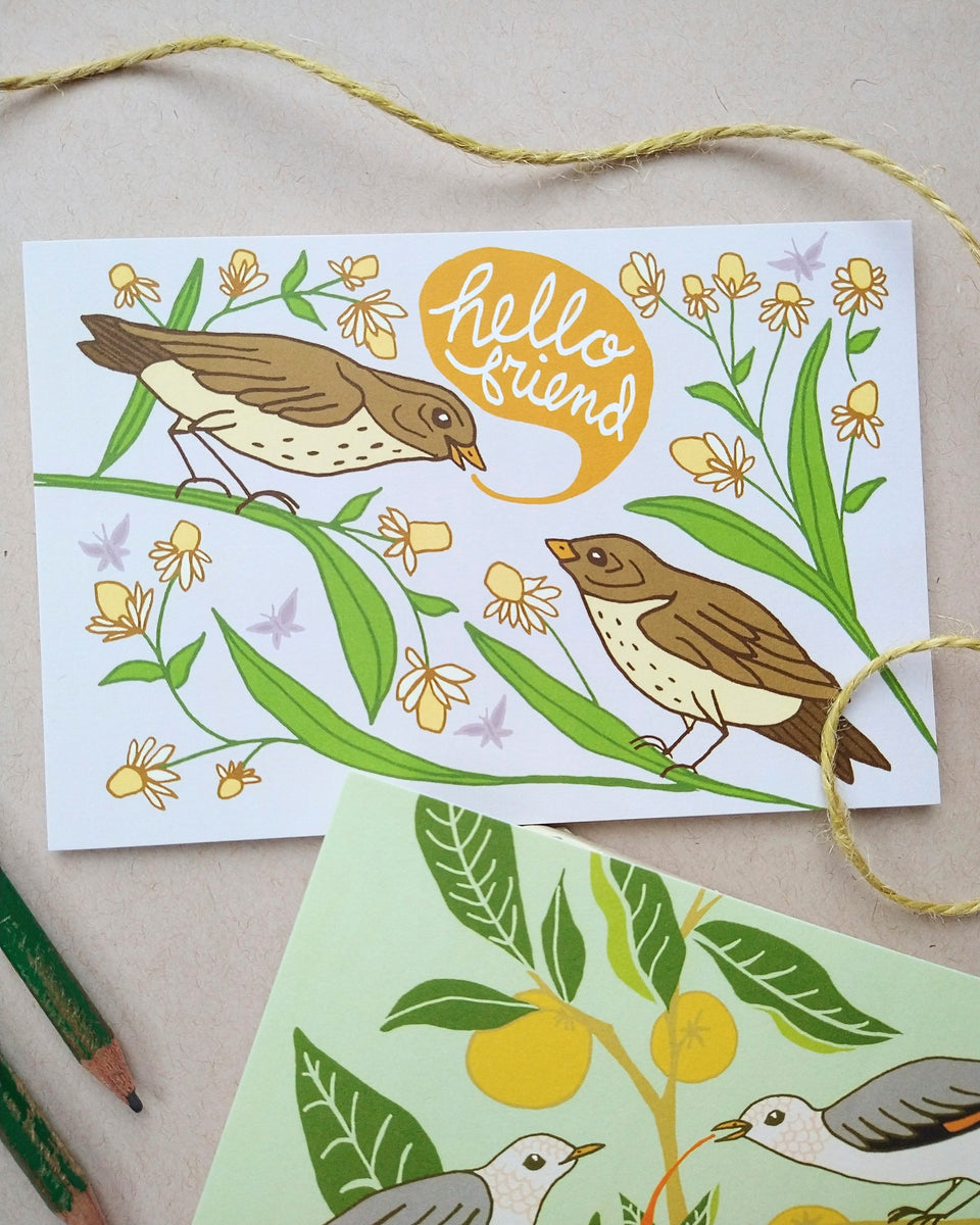 Hello Friend Bird Postcard – Peppercorn Paper